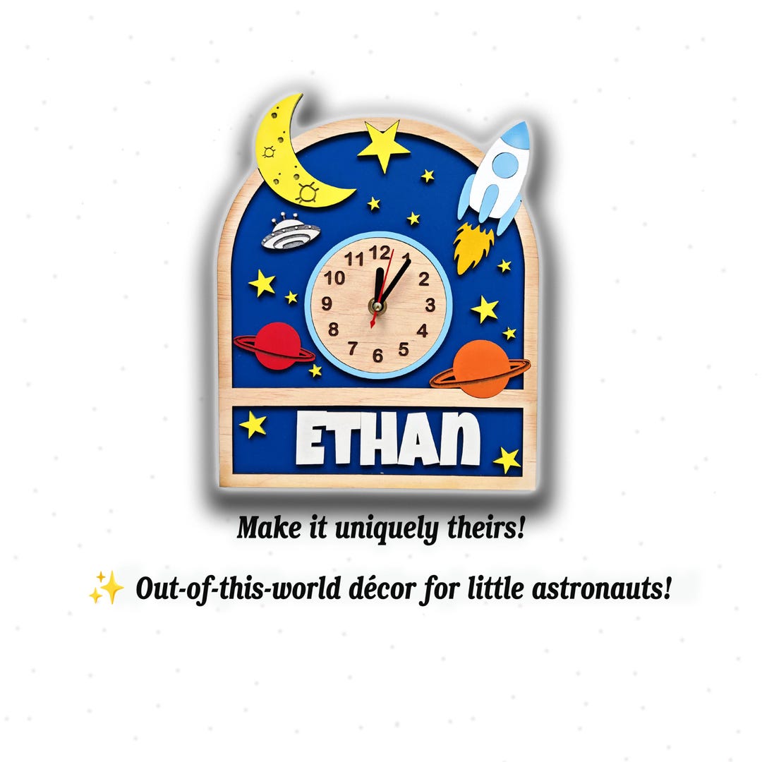 Outer Space Wall Clock for Kids Galaxy Theme | Custom Name Astronaut ...