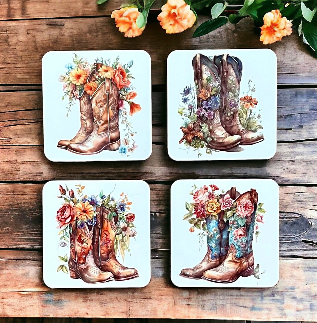 Floral Cowboy Boot Western Coasters, Western Gifts, Western Decor ...