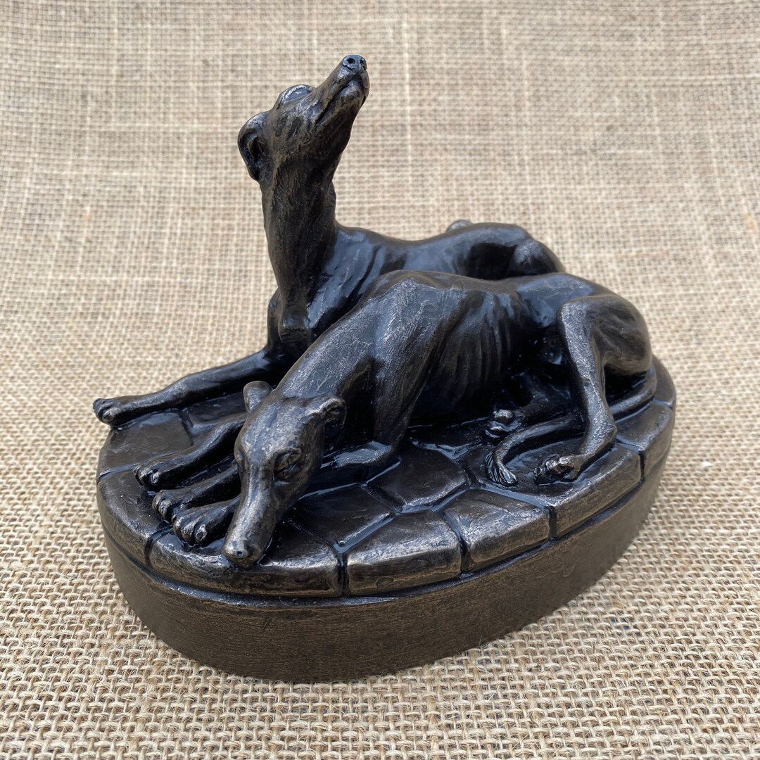 Pair of Greyhound Dogs Laying Sculpture Figurine, Cold Cast Bronze ...