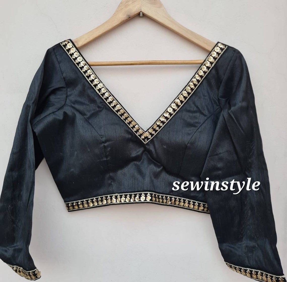 Black V Neck Silk Blouse, 3/4 Sleeves Blouse, Indian Designer Blouse ...