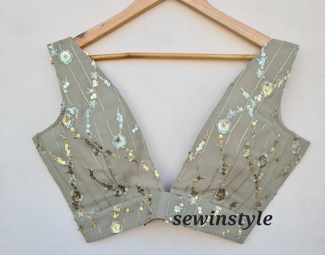 Sequin Georgette Saree Blouse: Deep V Neck Indian Crop Top - Etsy