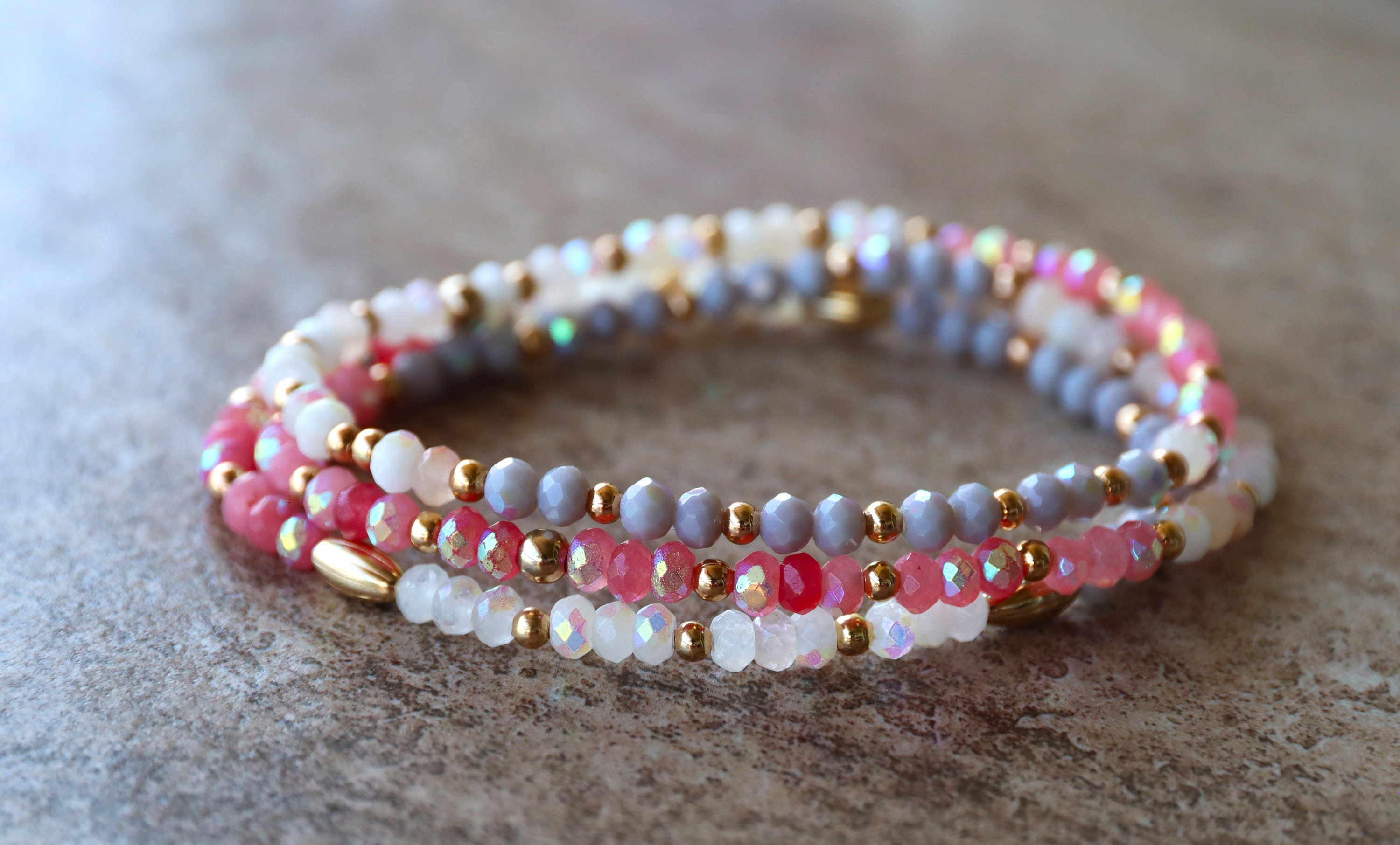 7 Mixed Pink, Cream, Gray and Gold Bracelets, Shades of Pink Friendship ...