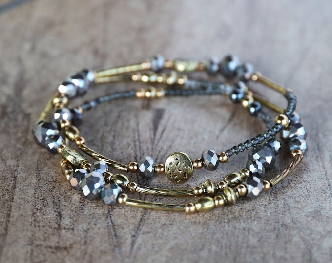 Two Tone-silver and Gold Beaded Boho Bracelets, Silver and Gold Stretch ...