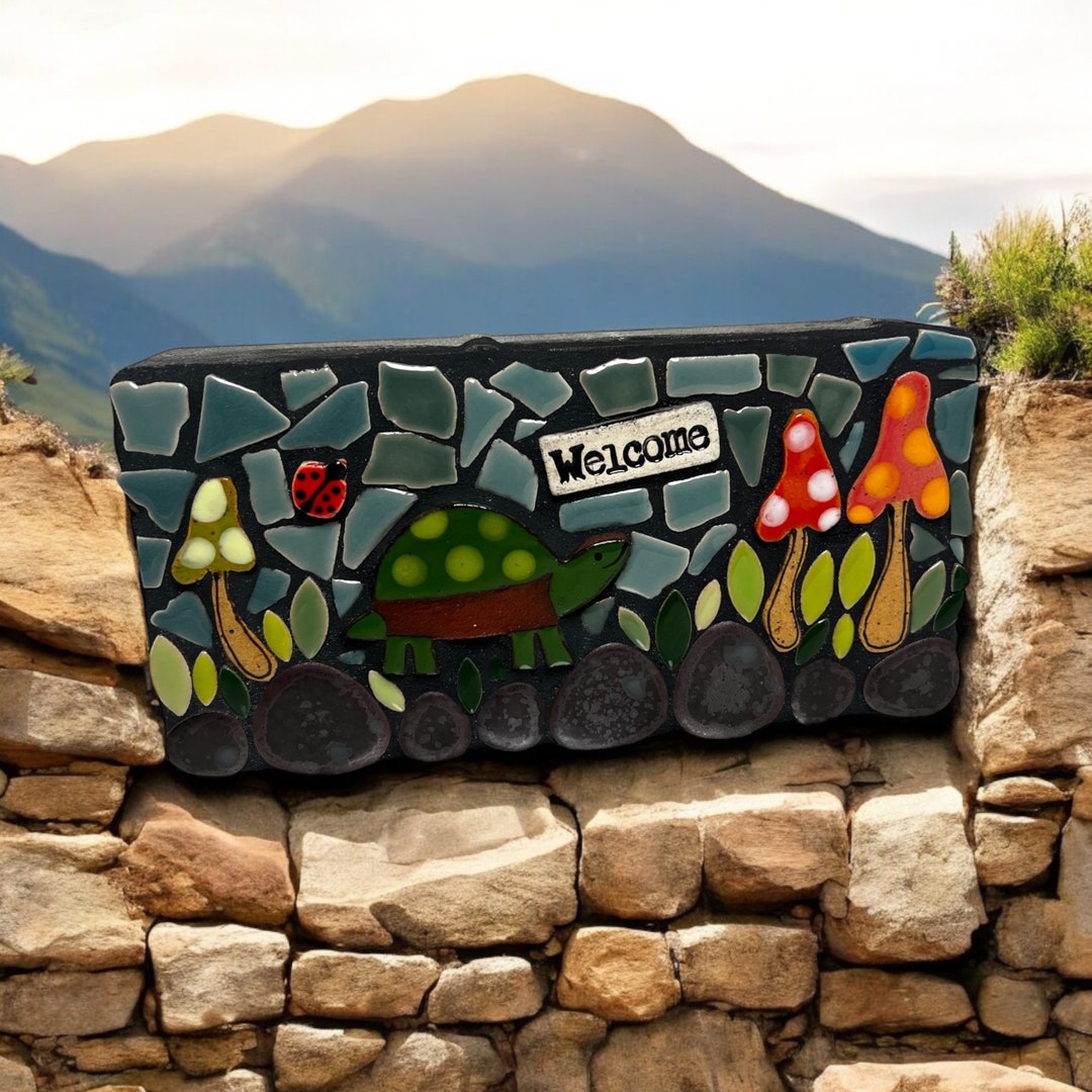 Mosaic Welcome Turtle With Cute Mushrooms on Holland Block for Front ...