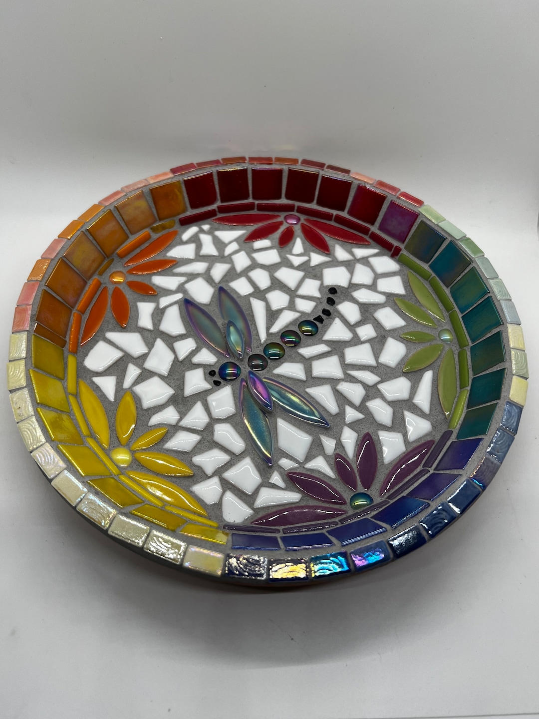One of a Kind Terracotta Mosaic Dish Featuring an Iridescent Dragonfly ...
