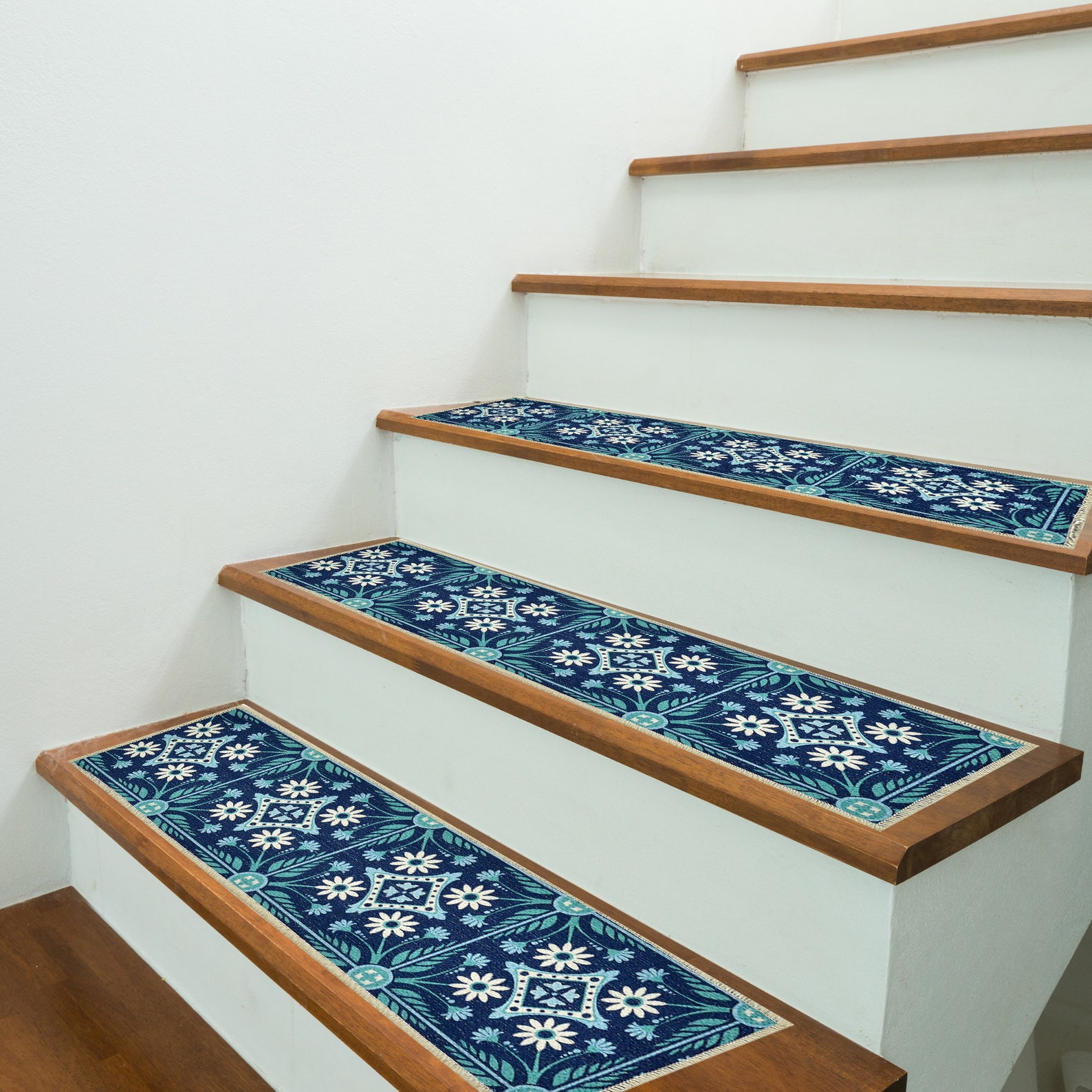Daisy Pattern Stair Rug Blue Boho Stair Treads Carpet Modern - Etsy