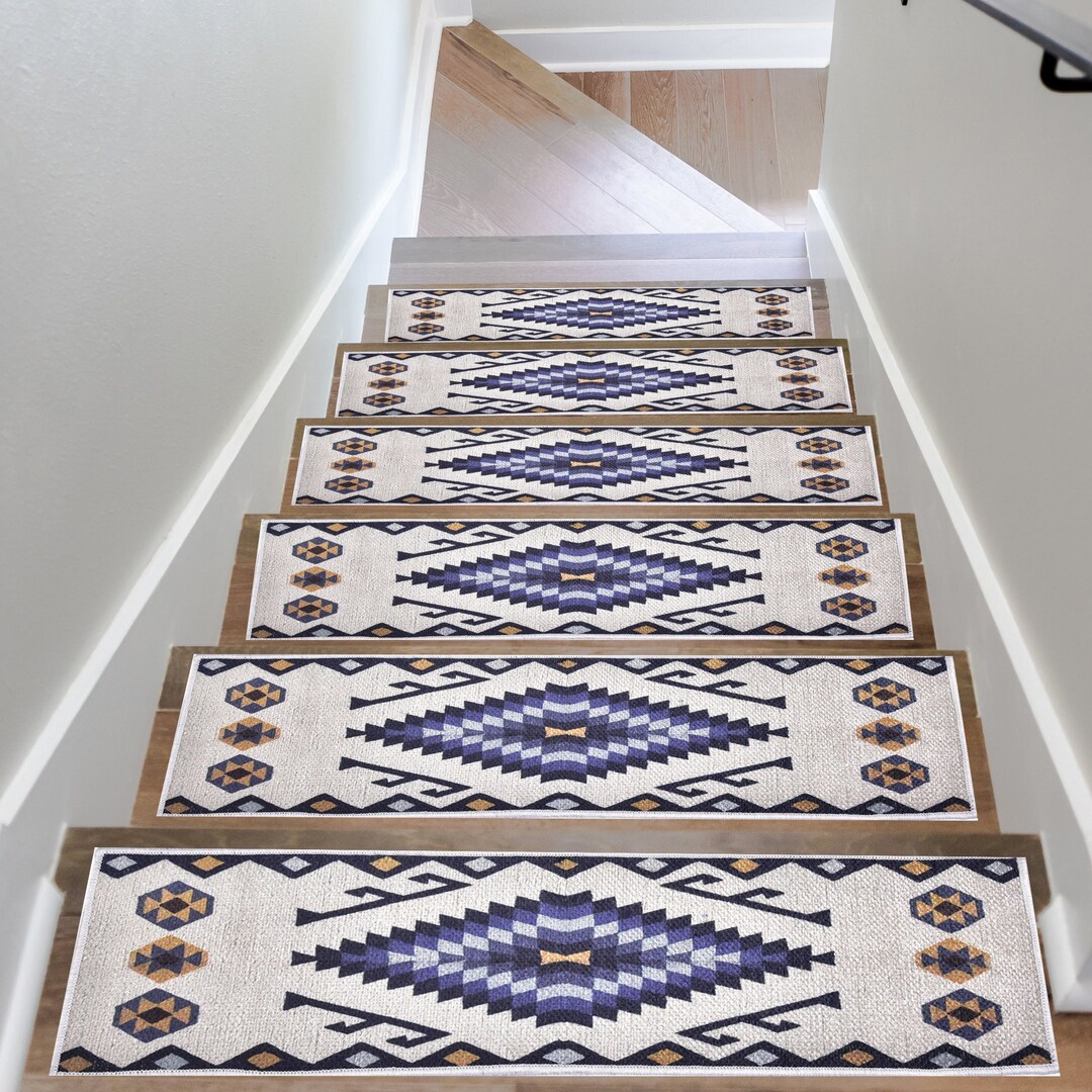 Blue Moroccan Design Stair Rug, Boho Stair Treads Carpet, Modern Stair ...