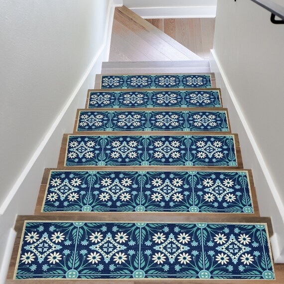 Daisy Pattern Stair Rug Blue Boho Stair Treads Carpet Modern - Etsy