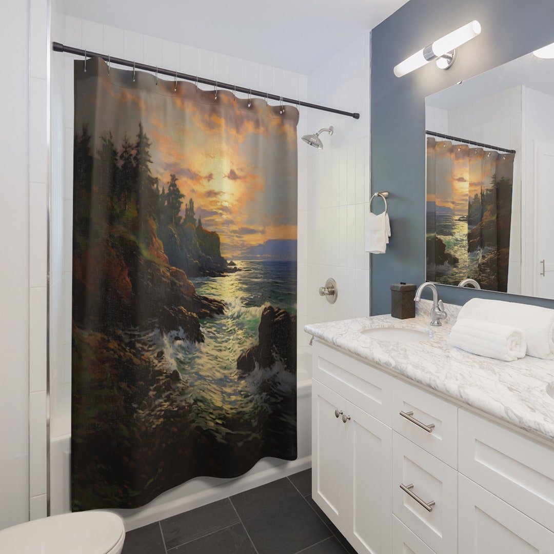 Sunkissed Shoreline Shower Curtain Rustic Nature Landscape Cabin Decor ...