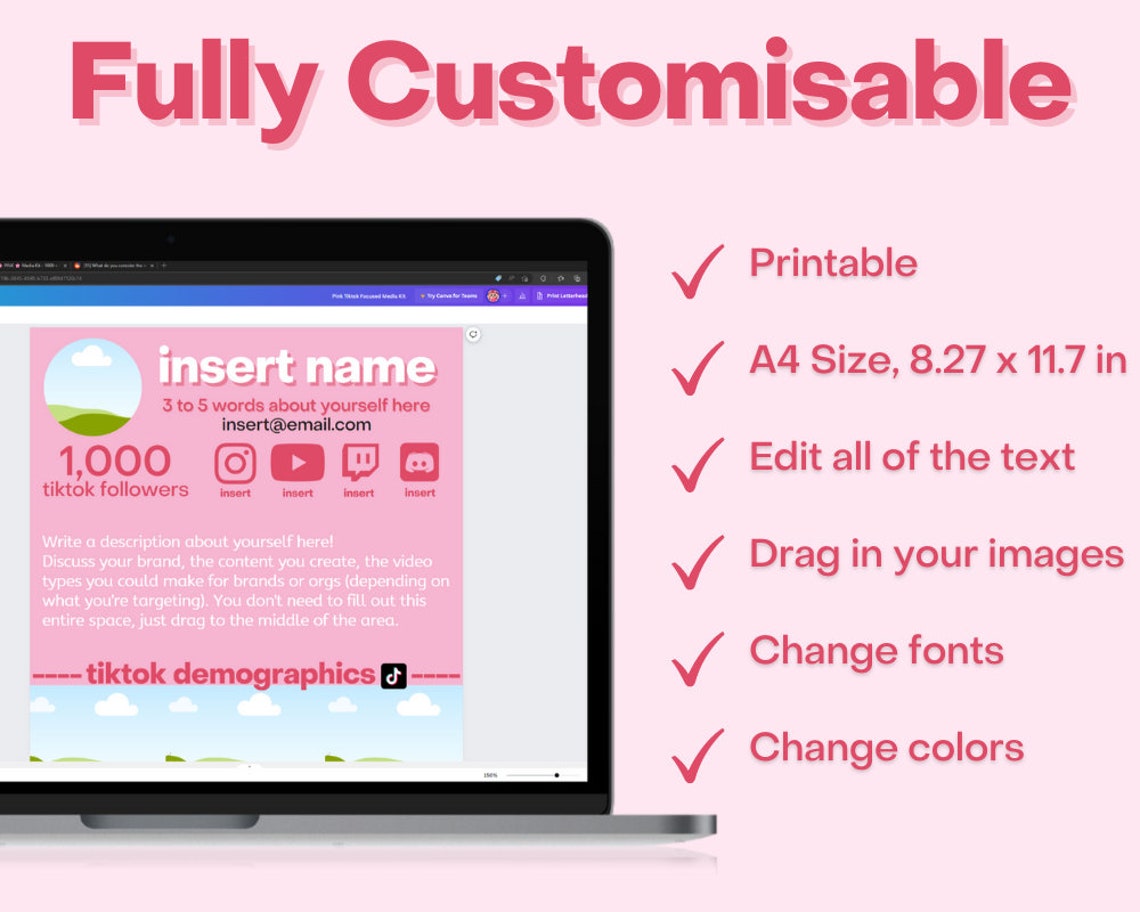 Customizable Pink Media Kit for Tiktok/tiktokkers - One Page Canva ...