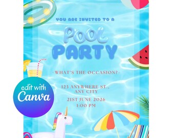 Pool Party Invite, Editable, Digital Download - Etsy