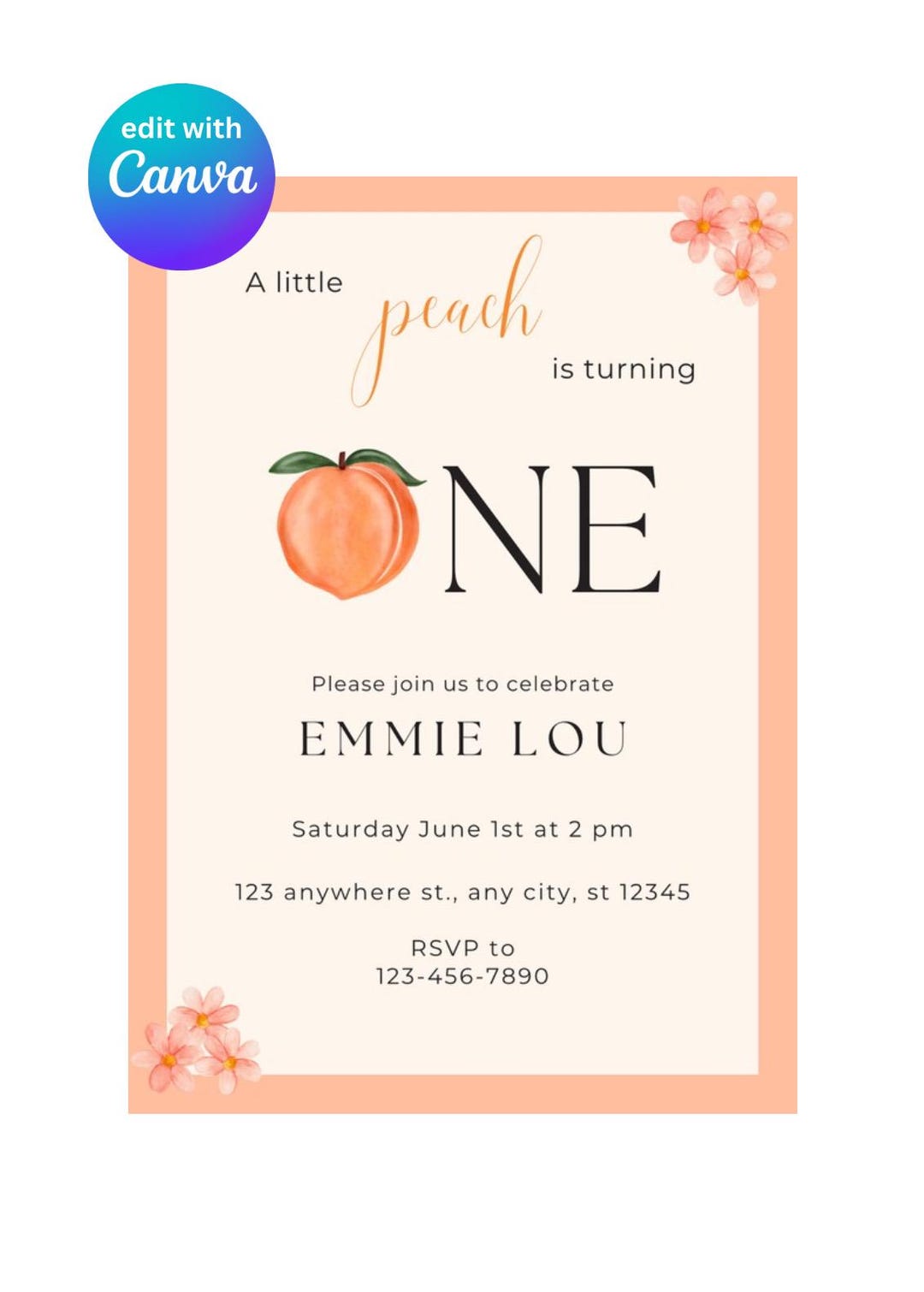 Editable Peach Birthday Invitation - Etsy
