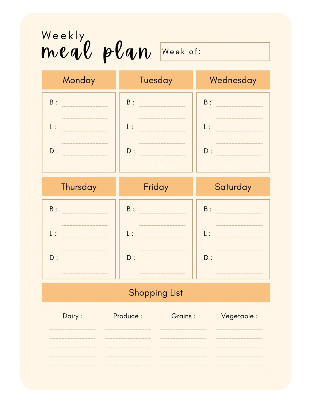 Weekly Meal Planner Template, Tangerine - Etsy