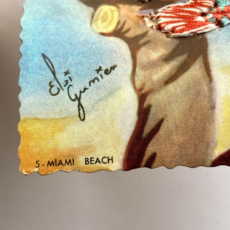 Vintage Postcard Bikini Girl Miami Beach Silk Embroidered Signed ELSI ...