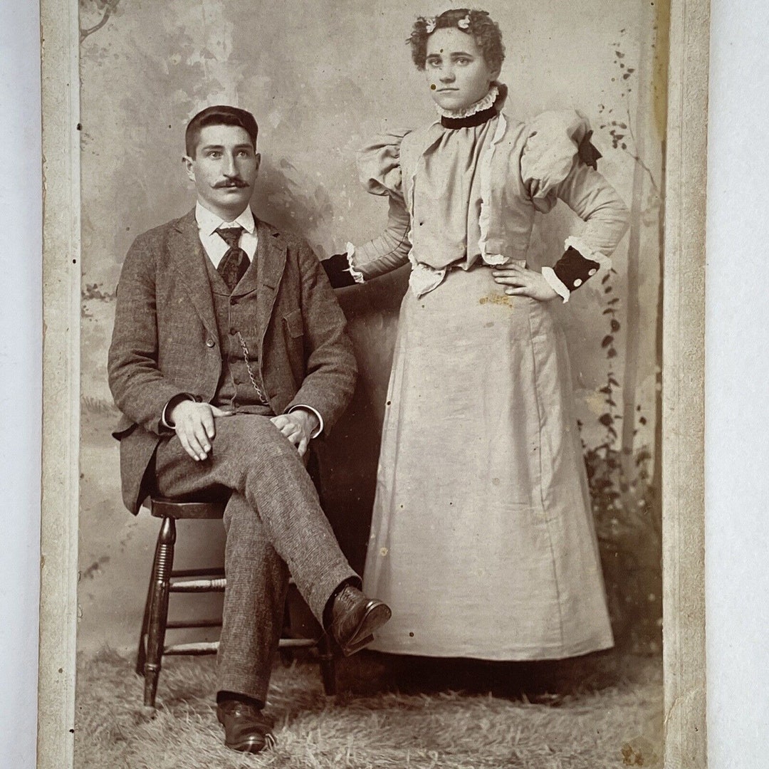 C1880 Cabinet Card Couple Studio Photo Man Moustache Woman High Neck ...