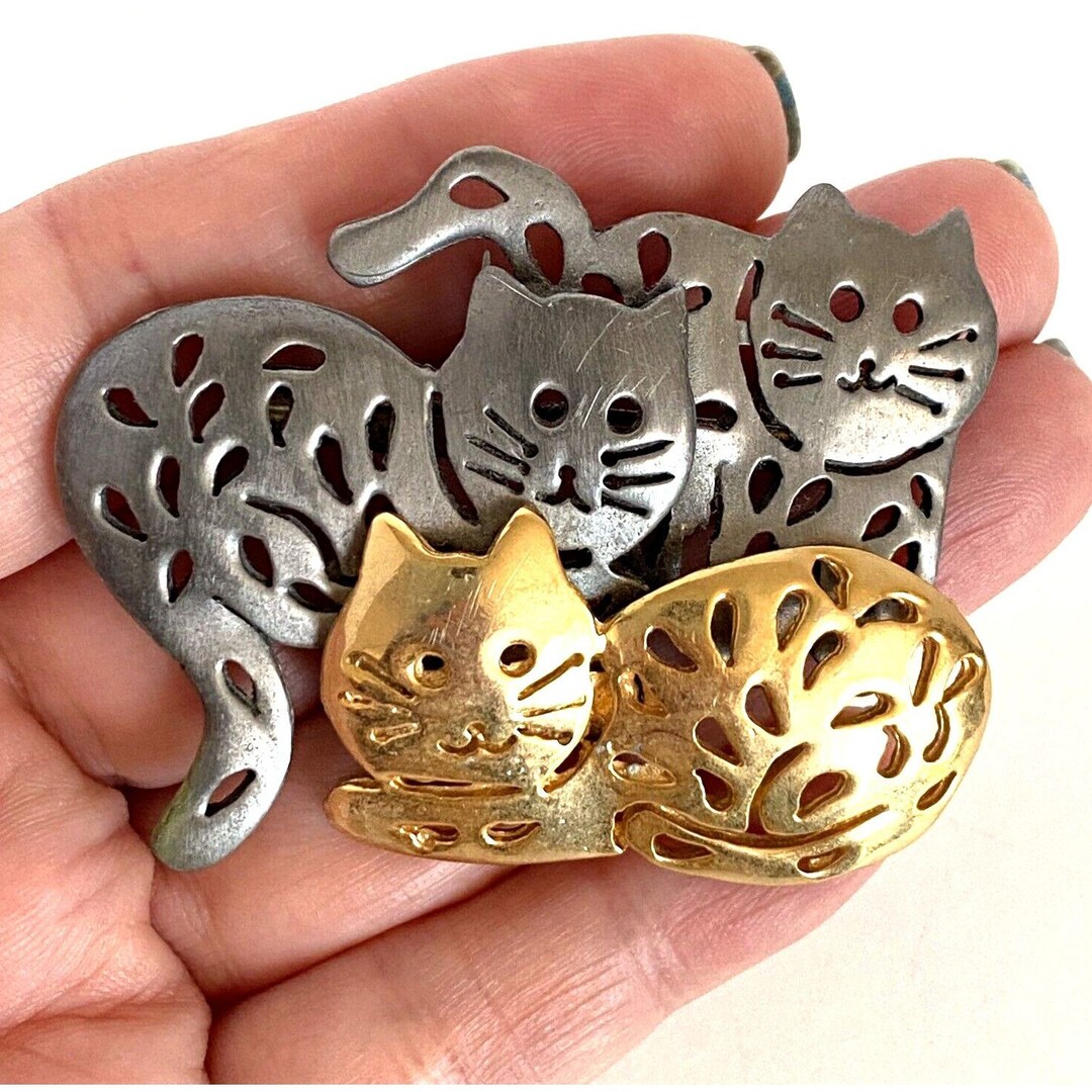 1970s Vintage Ultra Craft 3 Cats Cutouts Pin Brooch Pewter Gold Toned ...