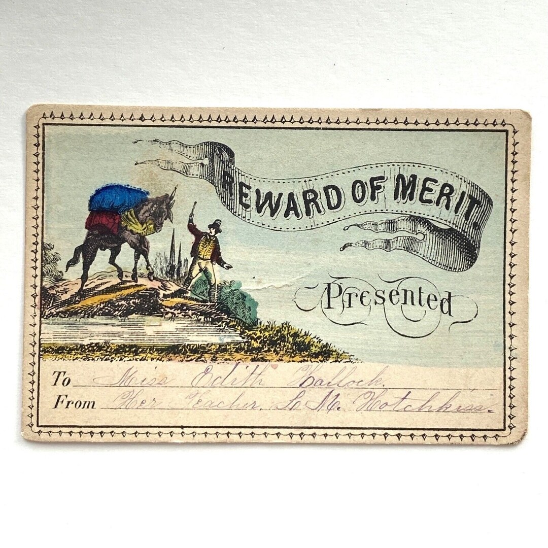 C1880s Antique Pack Horse Man Reward of Merit Card School Student Edith ...