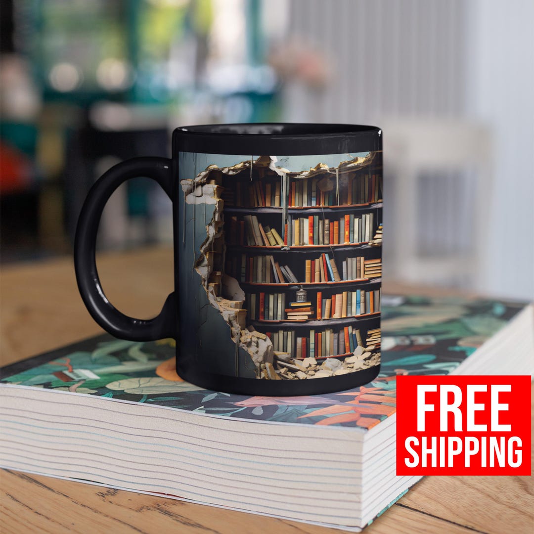 Book Lovers Mug: 3D Cute Bookshelf Design, Black Ceramic Mug for Tea ...
