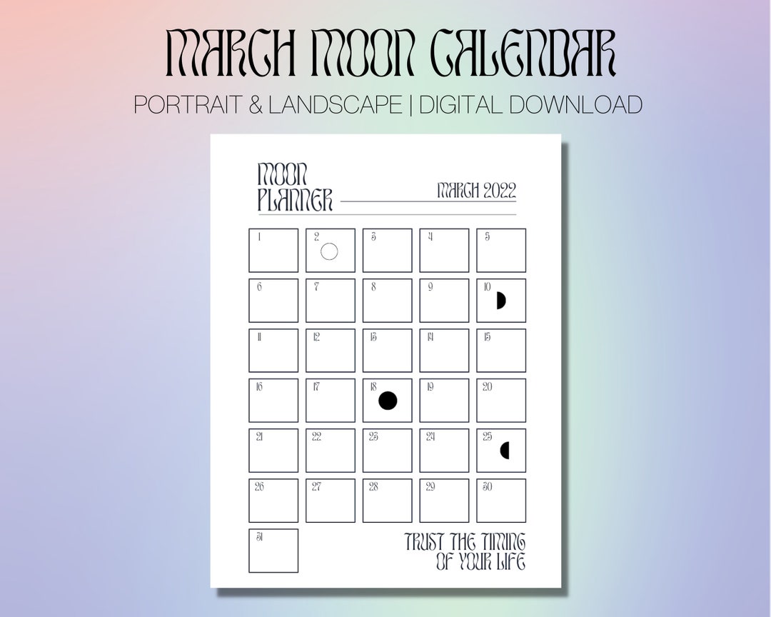 March Calendar 2022, Lunar Calendar, Moon Calendar, Moon Phases ...