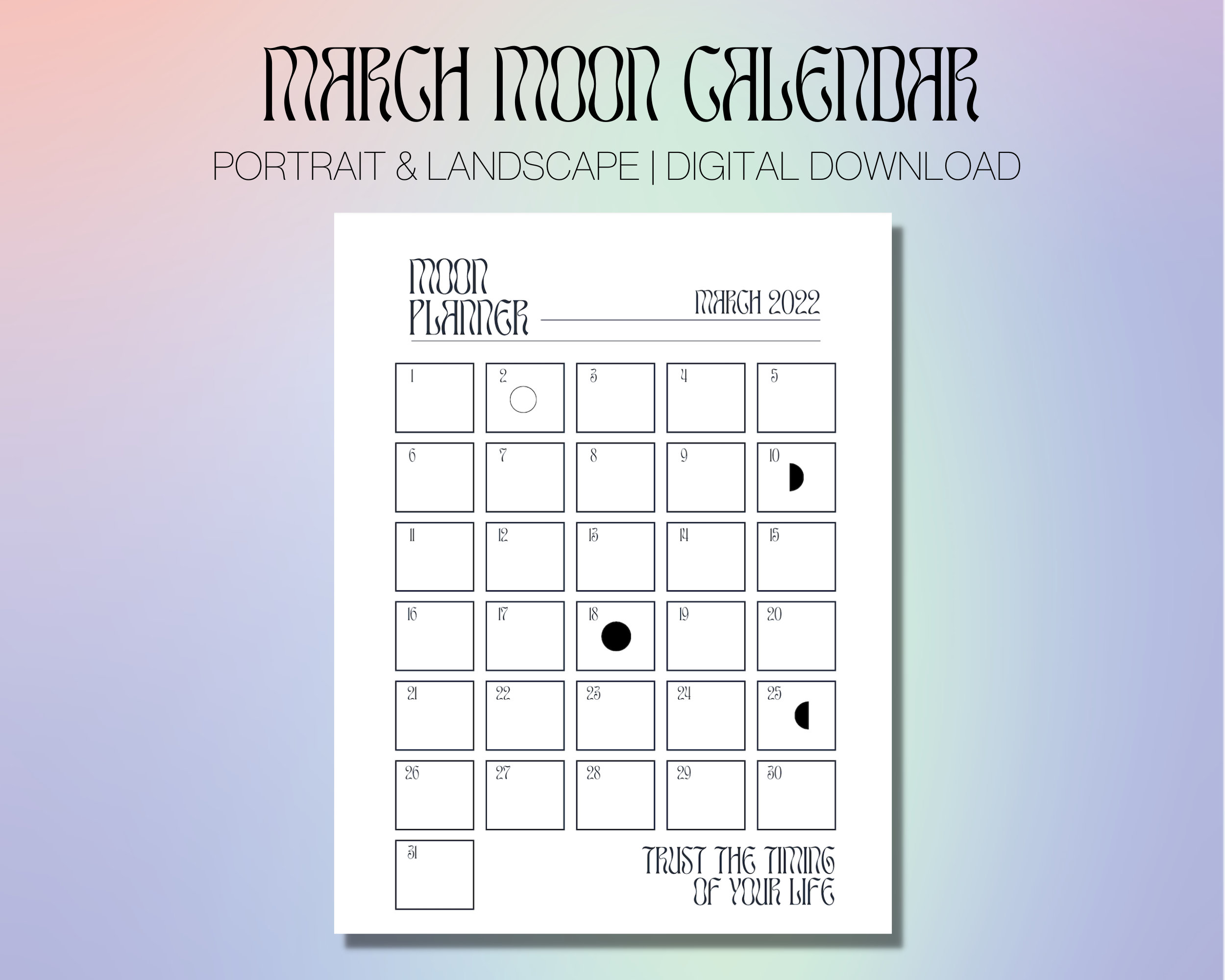 March Calendar 2022, Lunar Calendar, Moon Calendar, Moon Phases ...