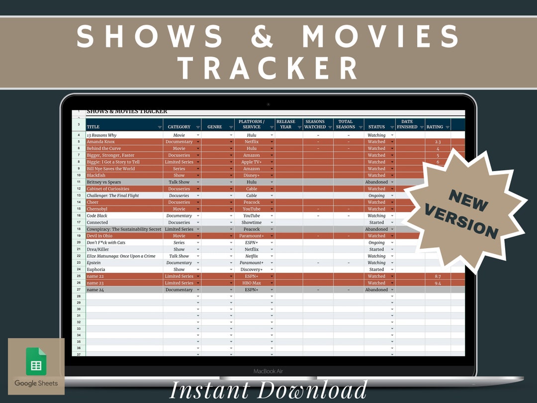 Shows & Movies Tracker Log Template Spreadsheet | Google Sheet ...