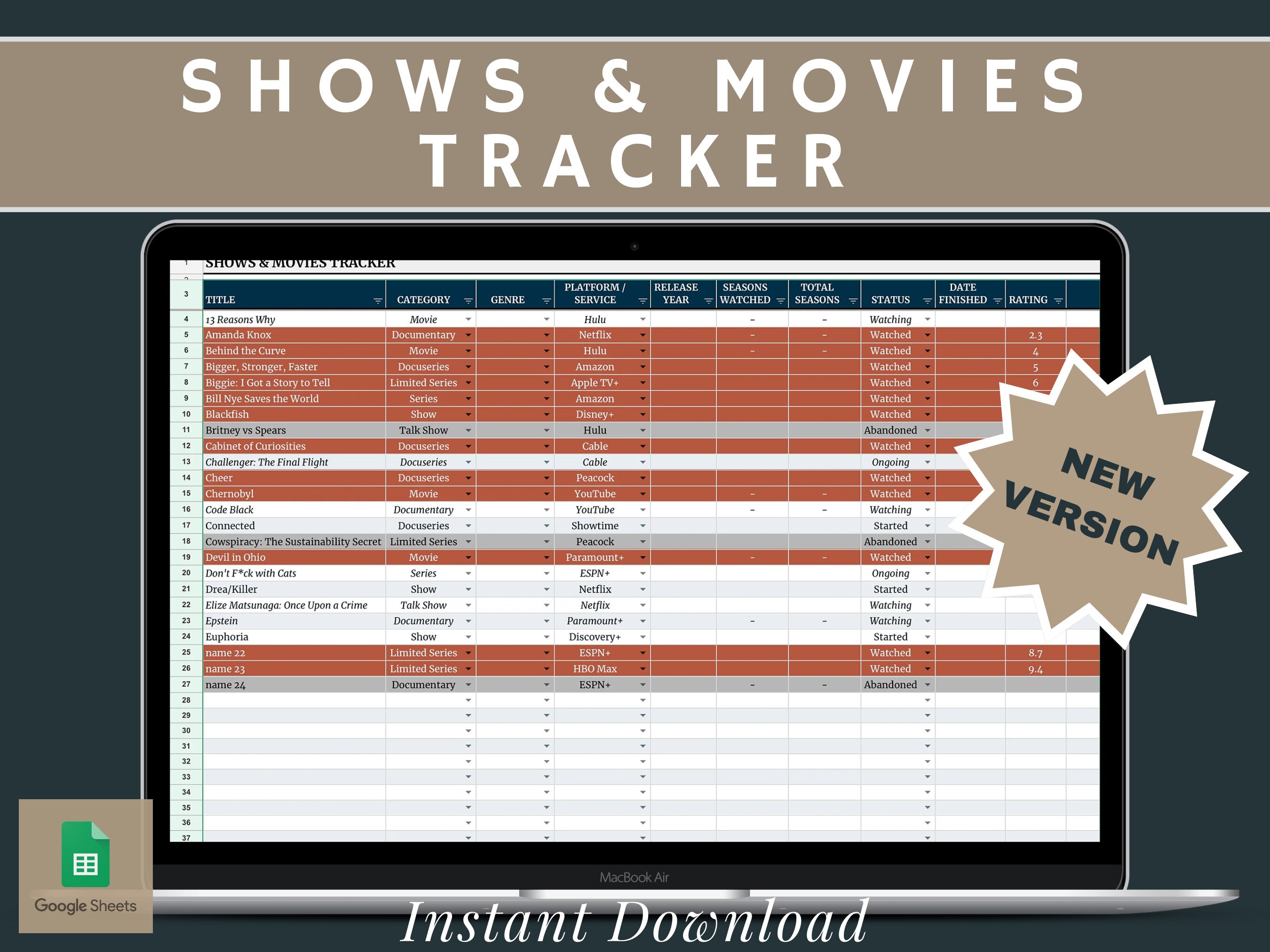 Shows & Movies Tracker Log Template Spreadsheet | Google Sheet ...