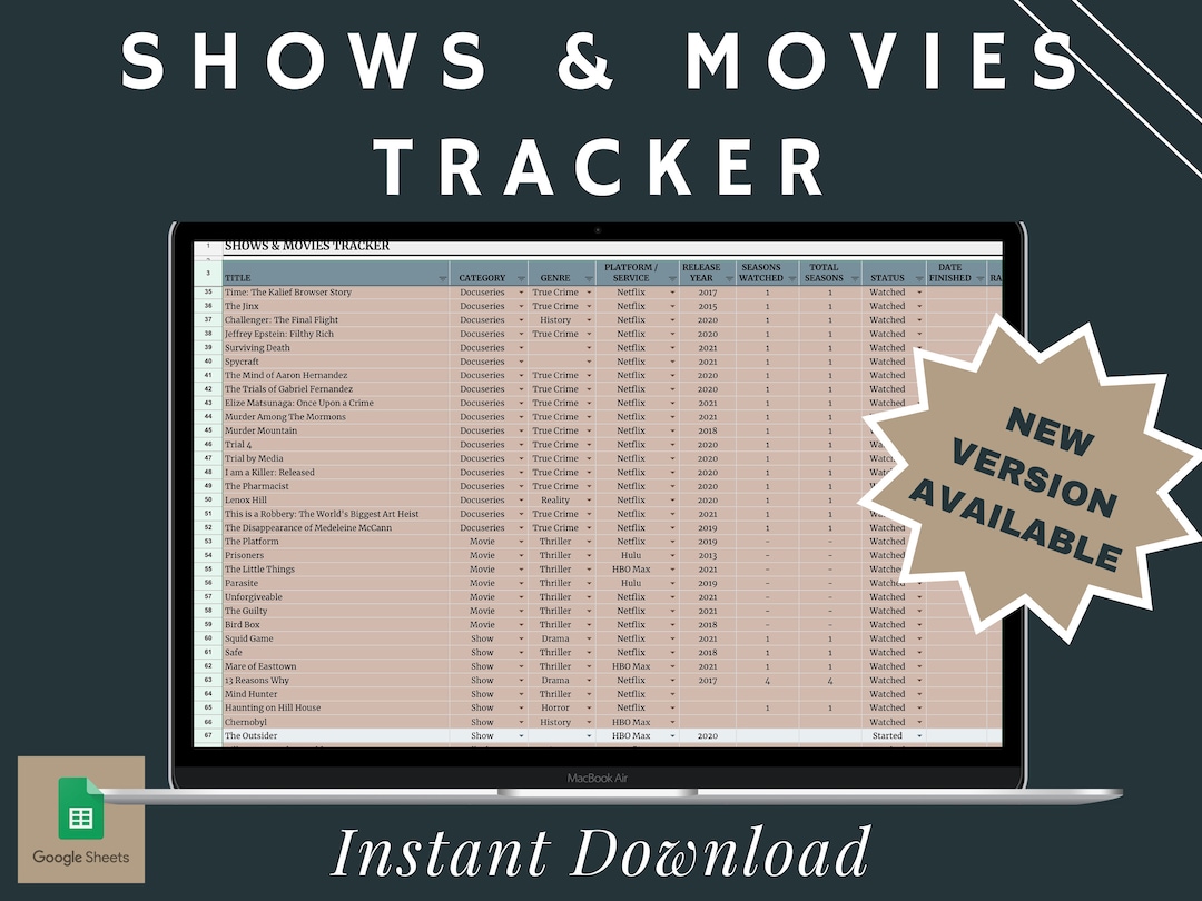Shows & Movies Tracker Log Template Spreadsheet | Google Sheet ...