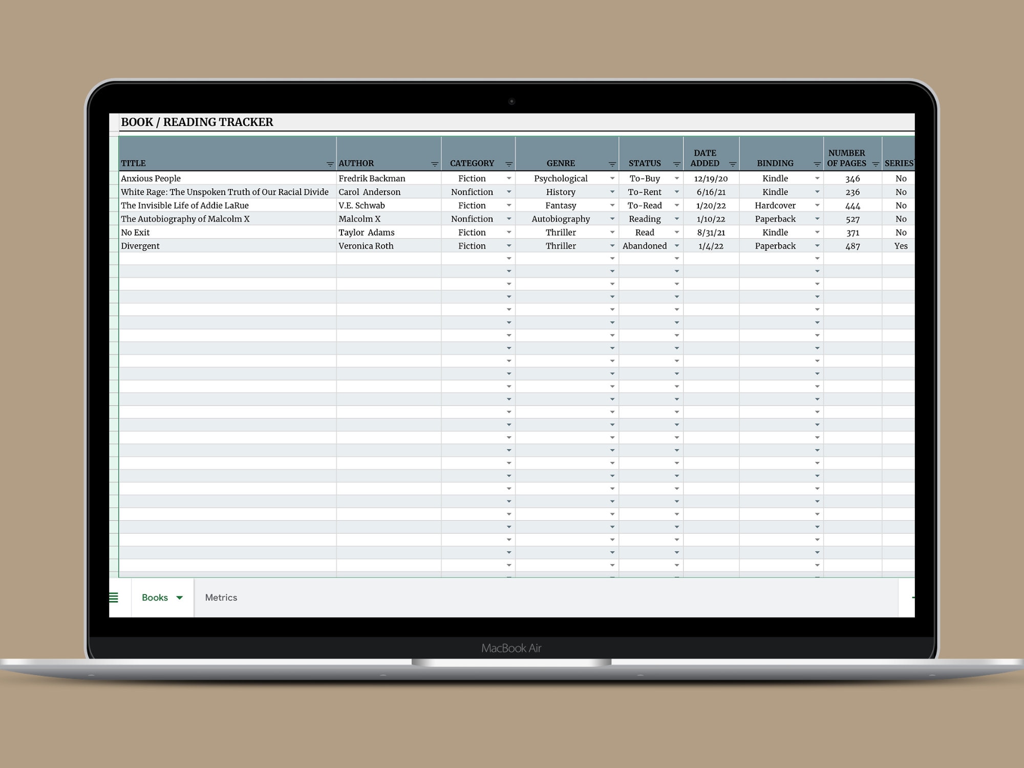 Book & Reading Tracker Log Template Spreadsheet | Google Sheet ...