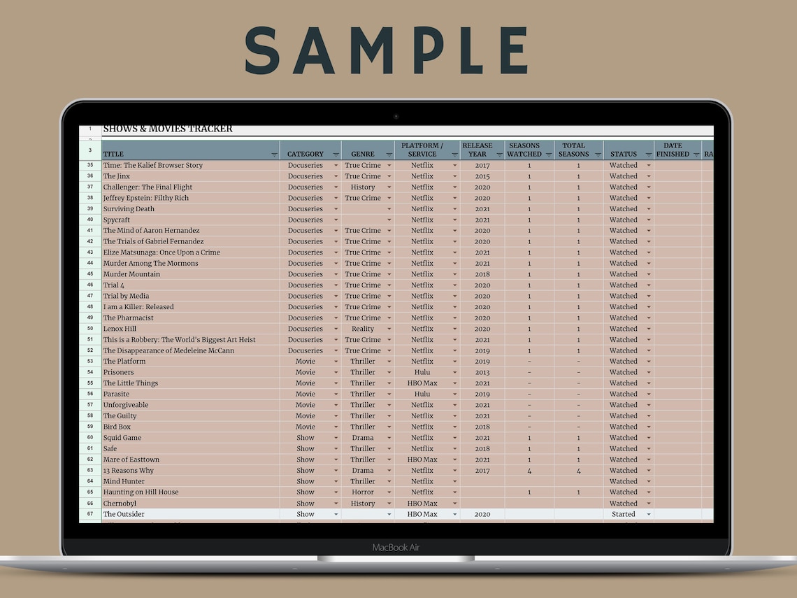 Shows & Movies Tracker Log Template Spreadsheet | Google Sheet ...