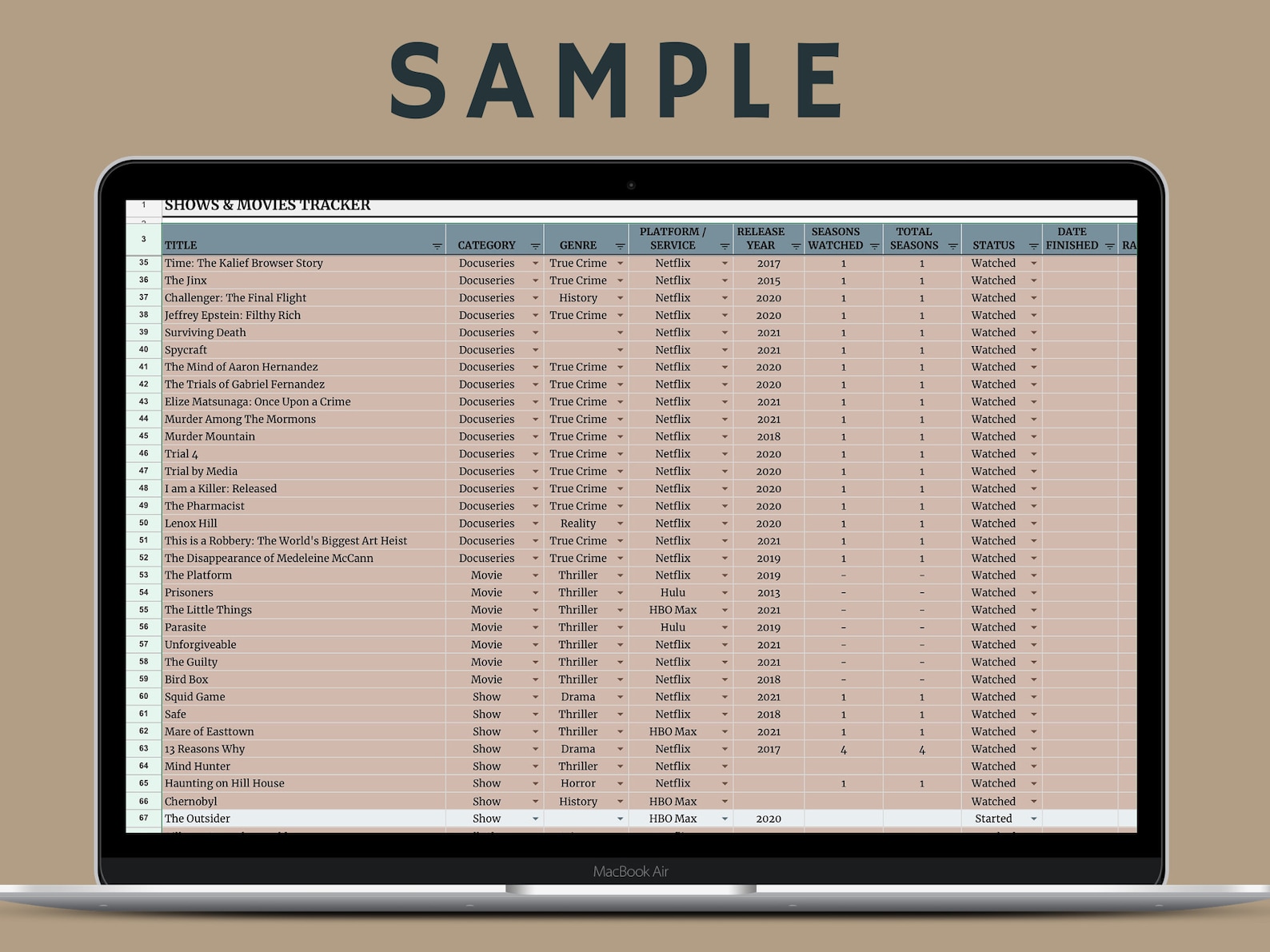 Shows & Movies Tracker Log Template Spreadsheet | Google Sheet ...