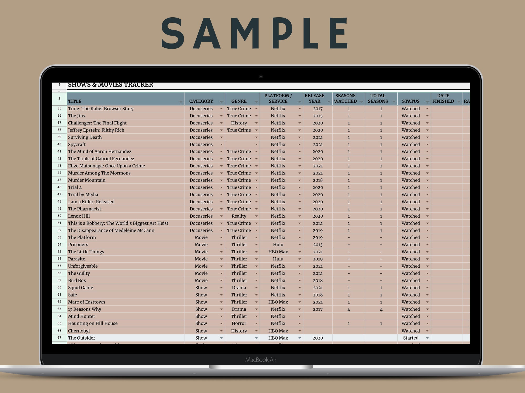 Shows & Movies Tracker Log Template Spreadsheet | Google Sheet ...