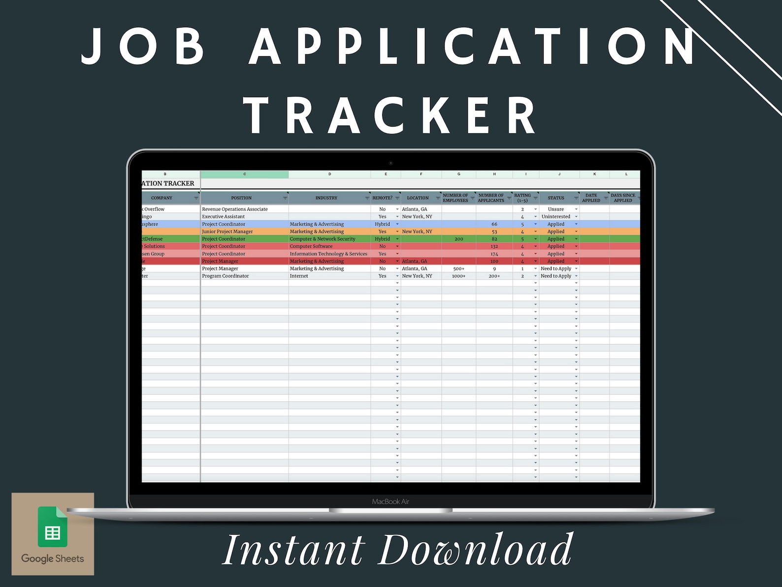 Job Application Tracker Template Spreadsheet | Google Sheet | Digital ...