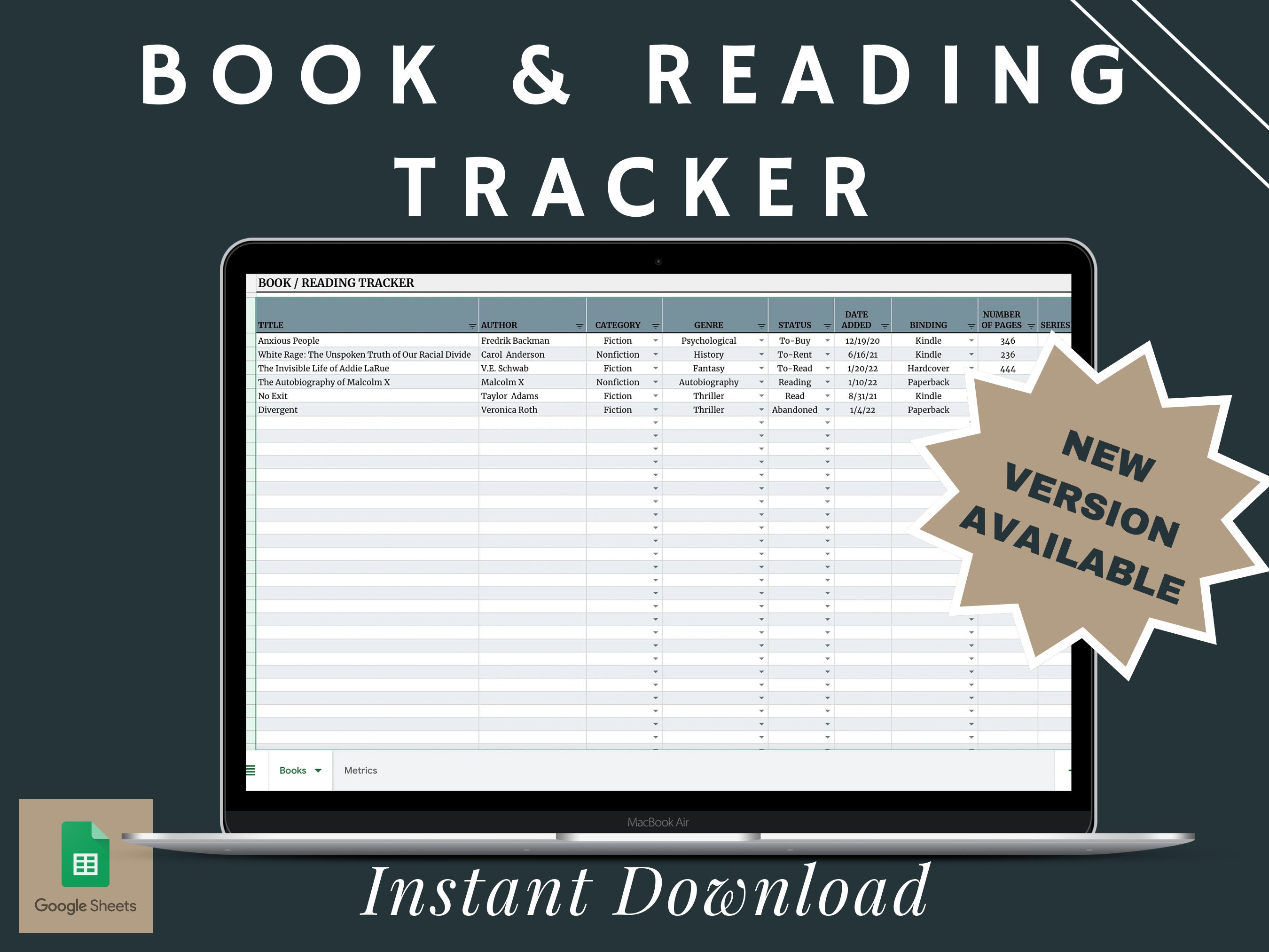 Book & Reading Tracker Log Template Spreadsheet | Google Sheet ...