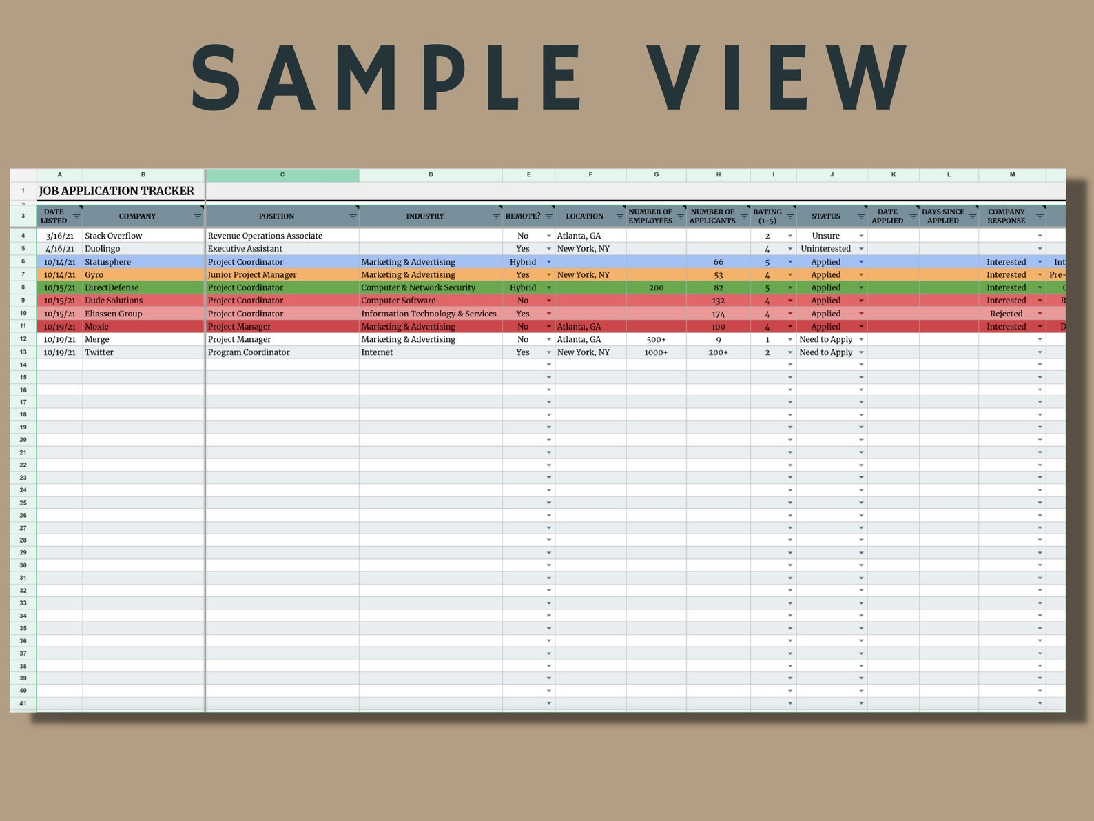 Job Application Tracker Template Spreadsheet | Google Sheet | Digital ...