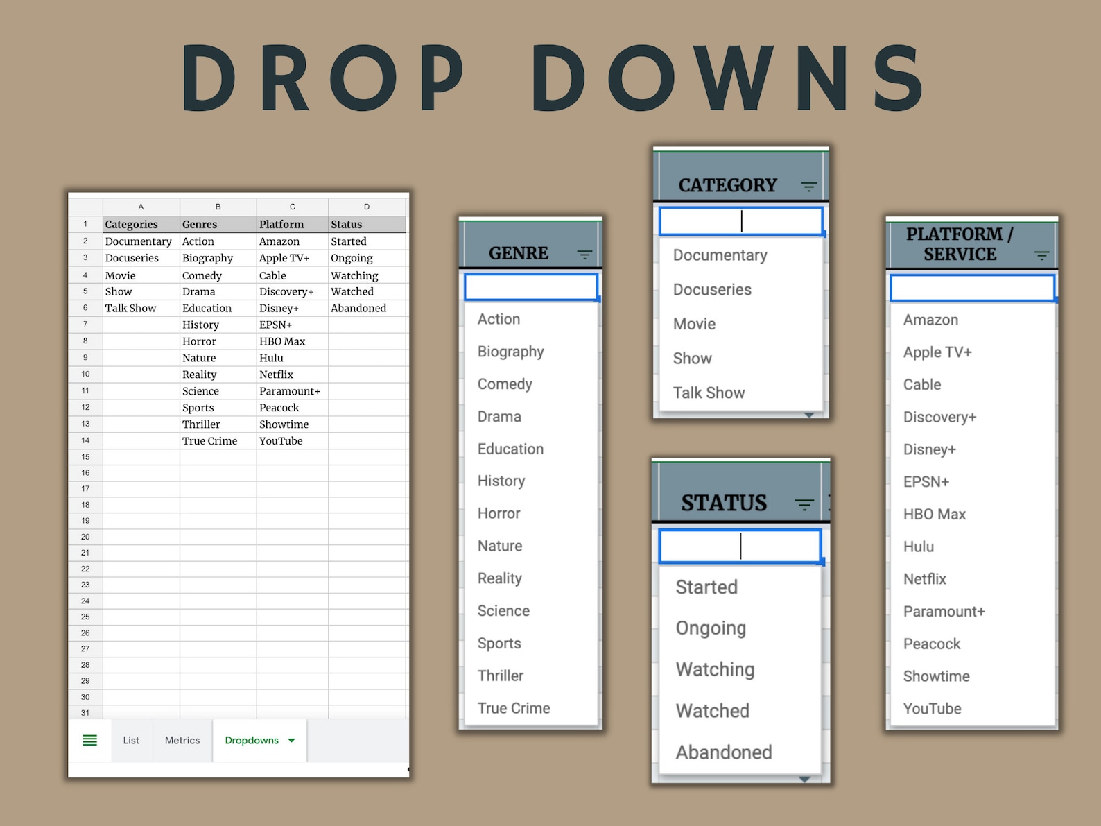 Shows & Movies Tracker Log Template Spreadsheet | Google Sheet ...