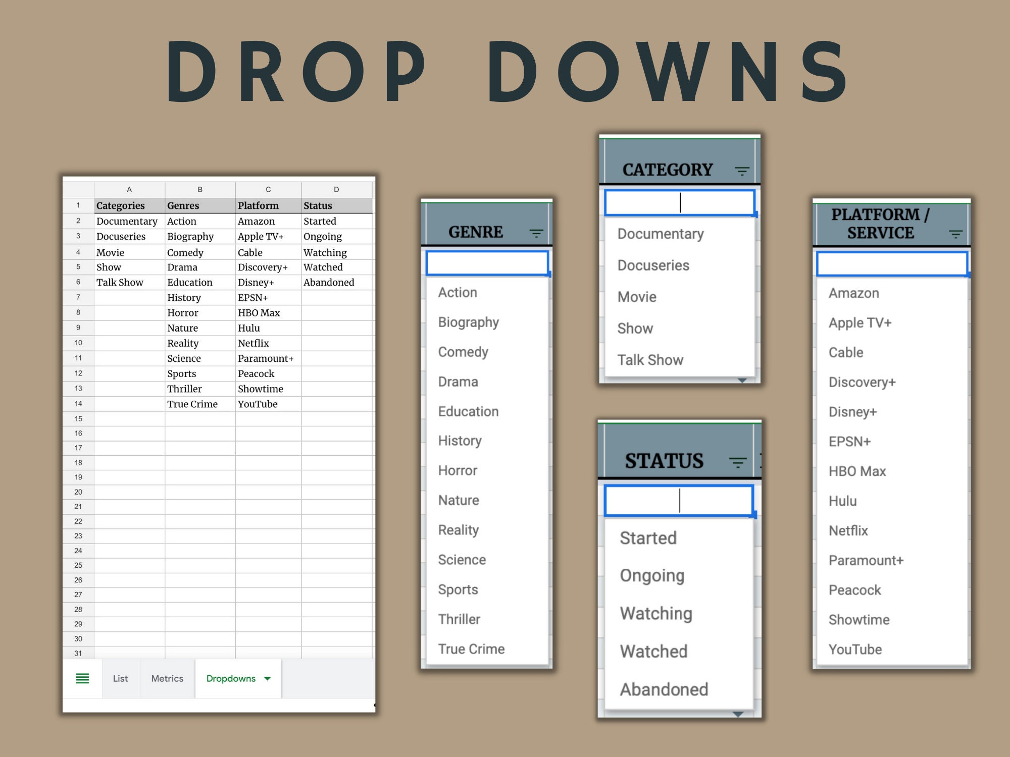 Shows & Movies Tracker Log Template Spreadsheet | Google Sheet ...