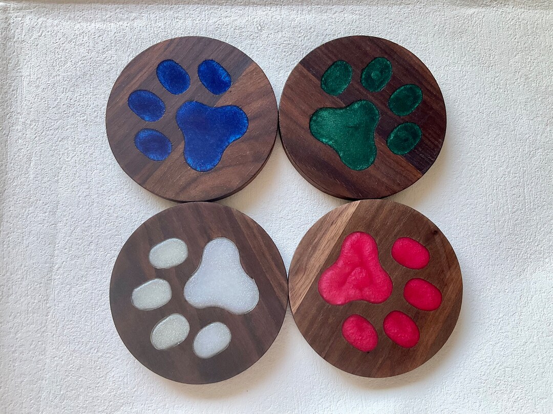 Handcrafted Resin Walnut Solid Wood Round Paw Print Coaster for ...