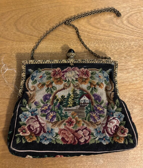 Antique Petit Pointe Floral & House Enamel Edged Purse - Gem