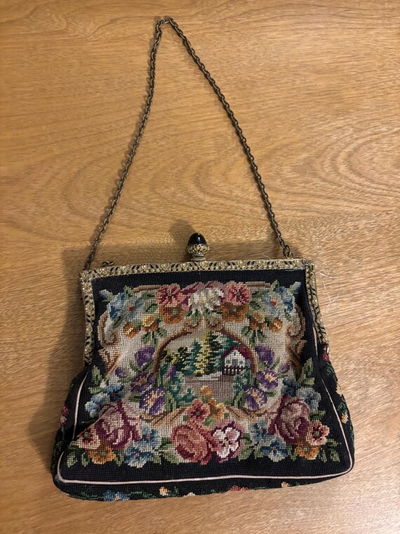 Antique Petit Pointe Floral & House Enamel Edged Purse - Gem