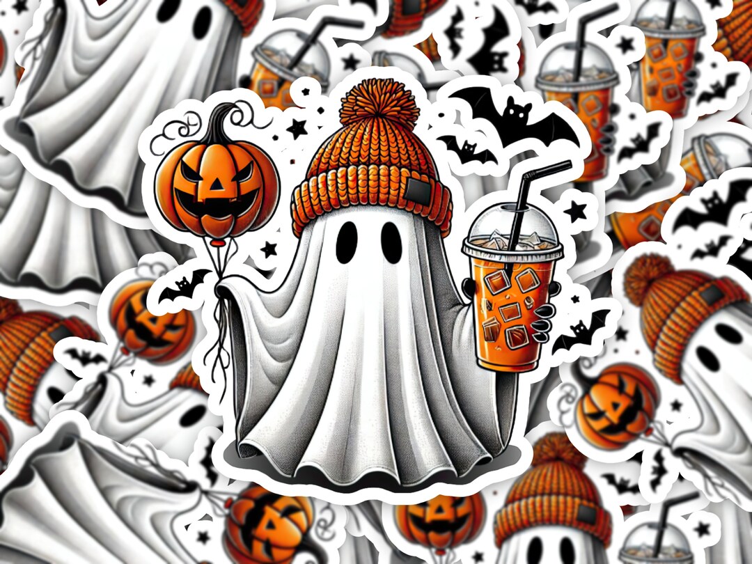 Cute Ghost Pumpkin Sticker, Iced Coffee Ghost Sticker, Halloween ...