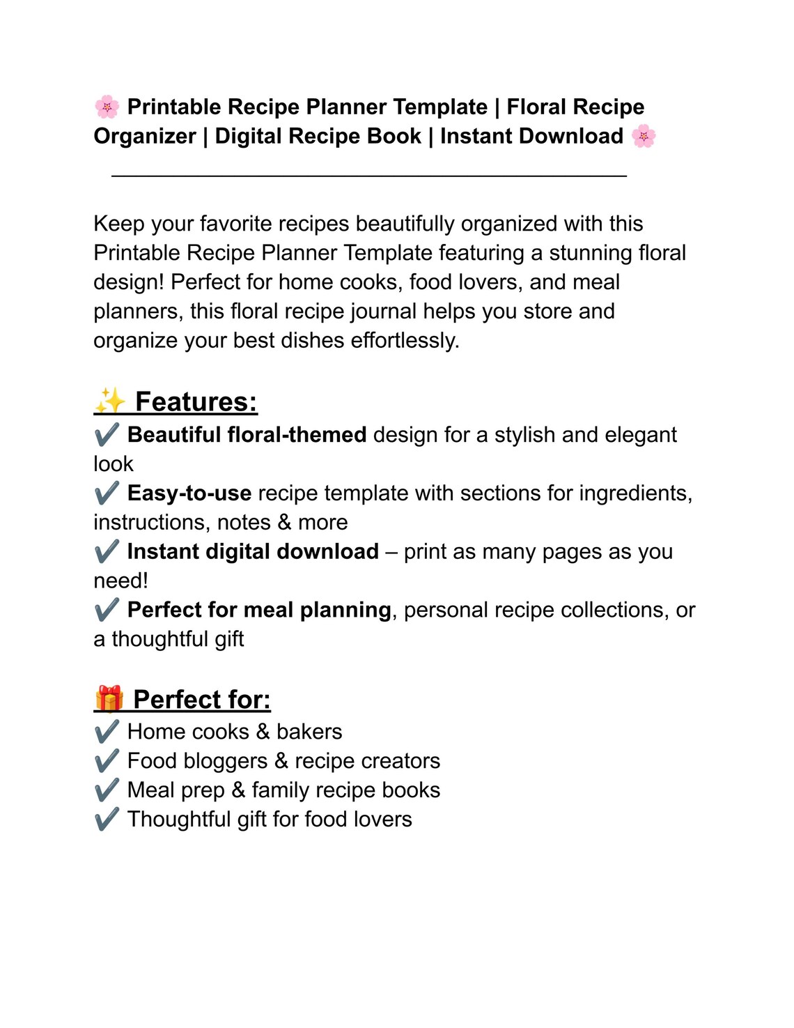 Printable Recipe Planner Template | Floral Recipe Organizer | Digital ...