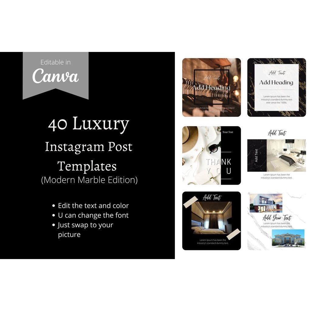 40 Luxury Instagram Post Templates, Modern Marble Edition - Black ...