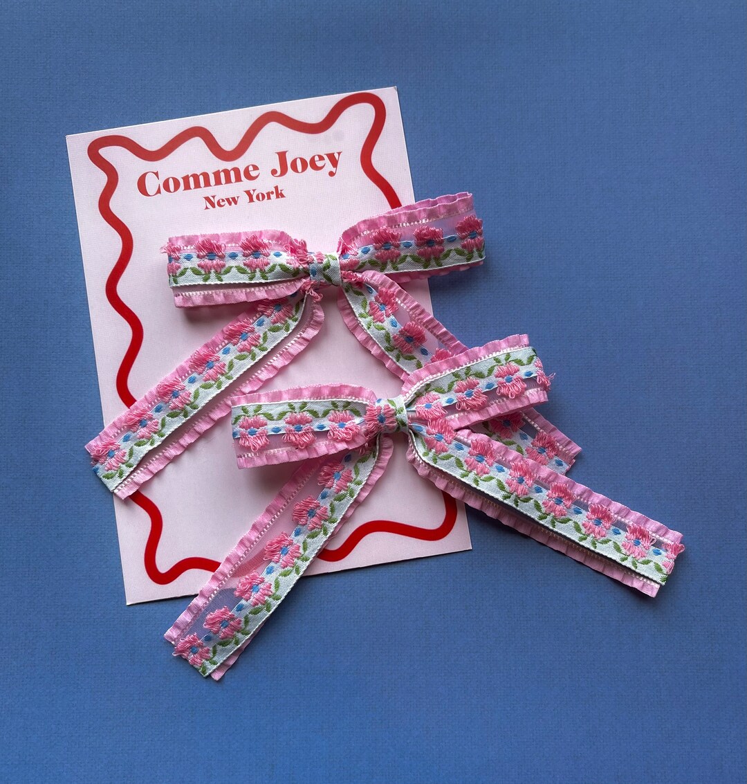 Pink Flower Bows, Embroidery Bows, Organza Bows, Tulles Bows, Long Tail ...