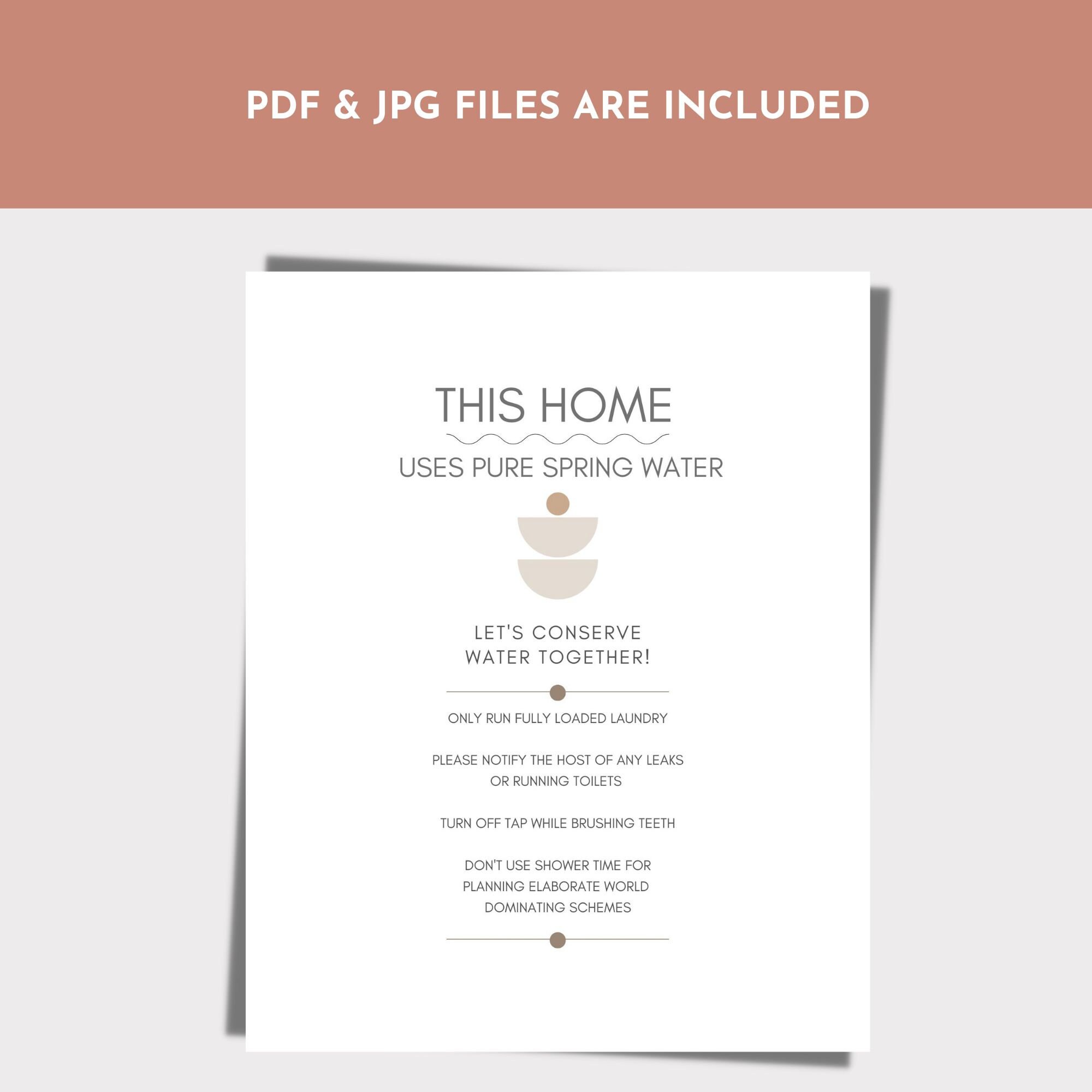 Spring Water 3 Printable Designs Conserve Water Sign Airbnb Sign - Etsy