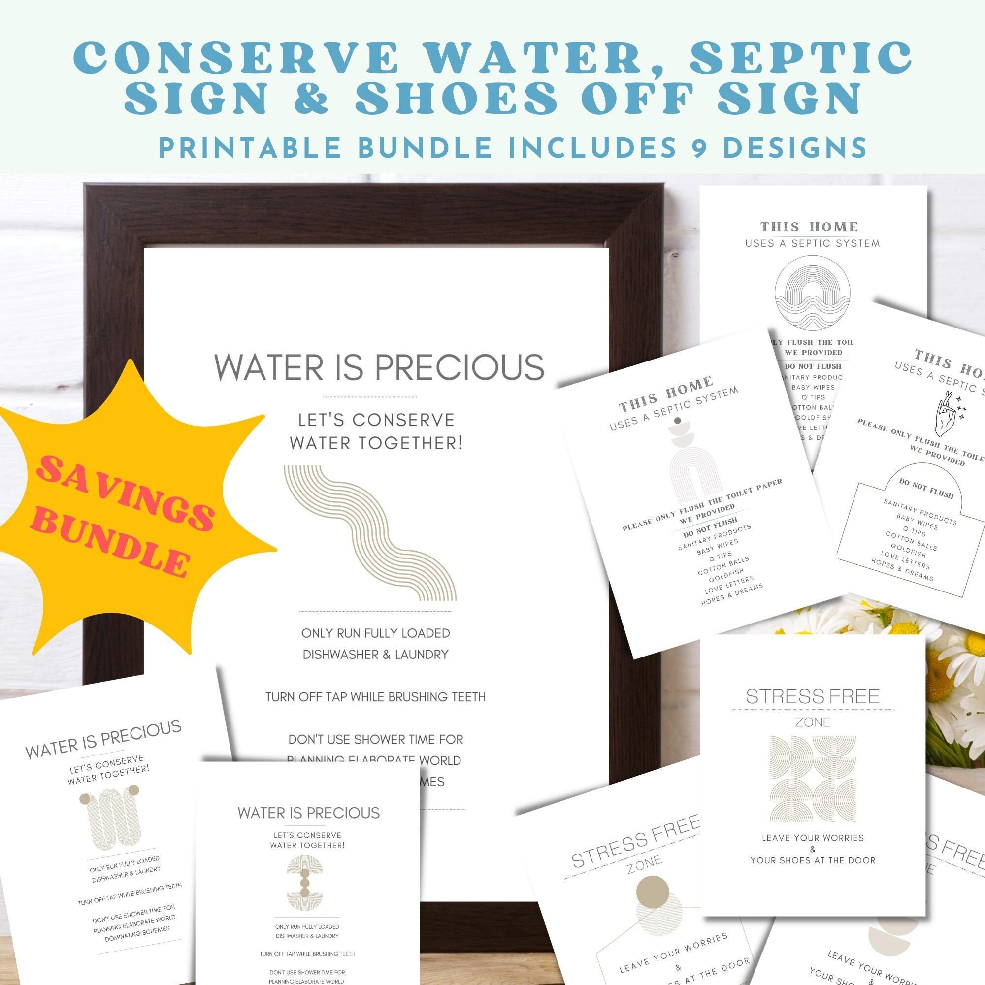 Printable Signs for Rental Conserve Water Sign Septic Sign Bathroom ...