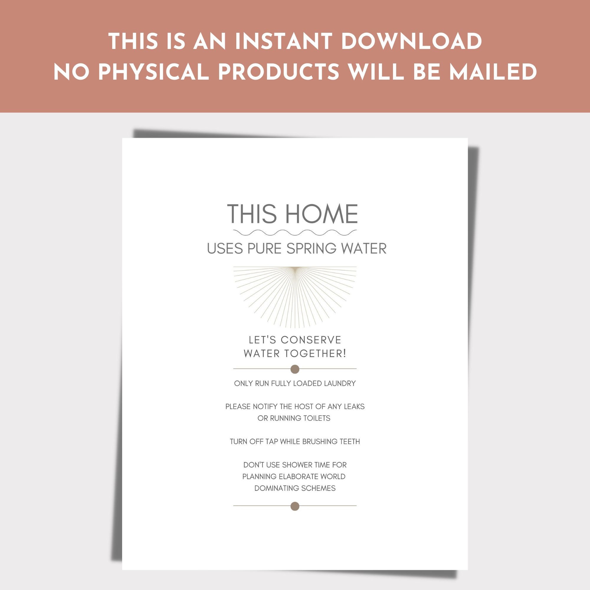 Spring Water 3 Printable Designs Conserve Water Sign Airbnb Sign - Etsy