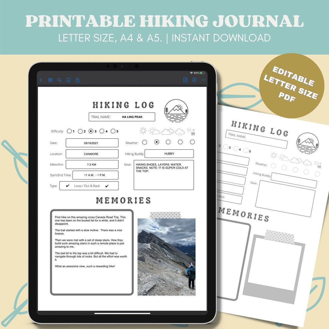 Hiking Log - Hiking Journal - Trail Map - Black and White Printable ...