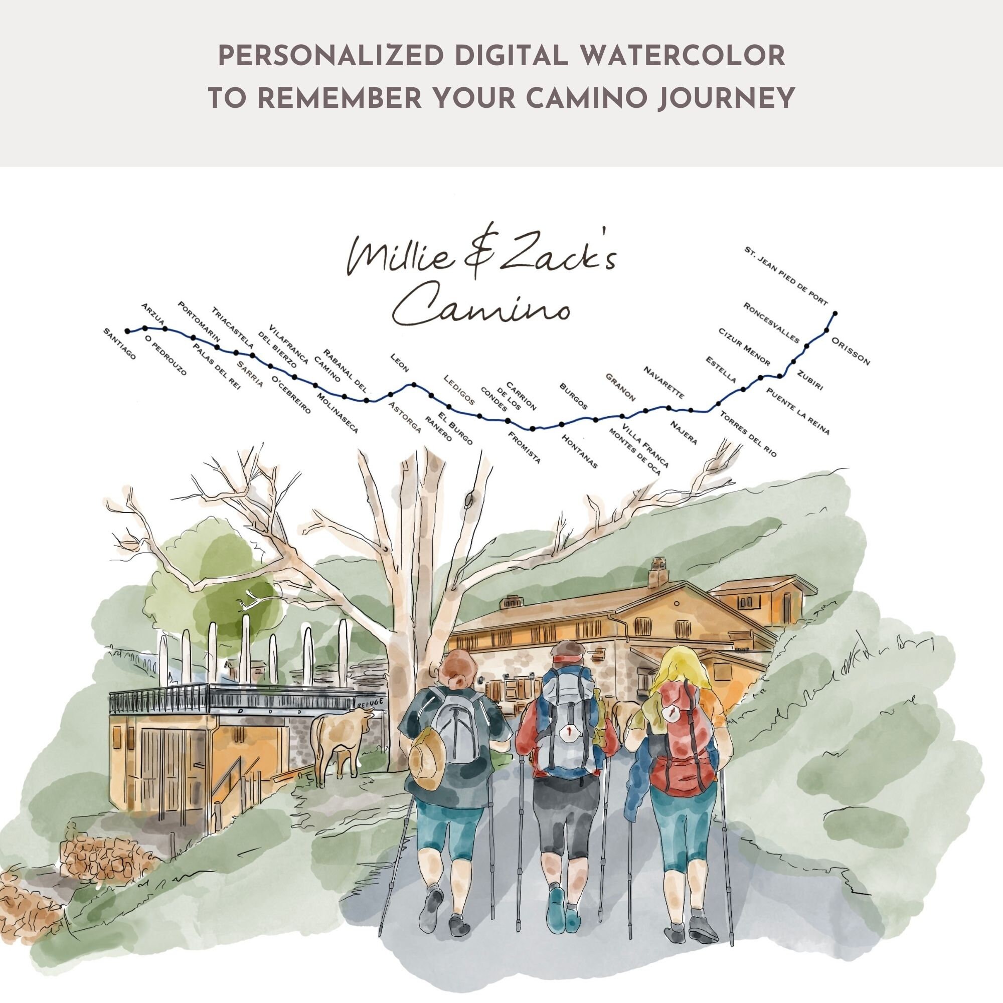 Custom Camino Portrait for 3 People - Digital Watercolor Painting ...