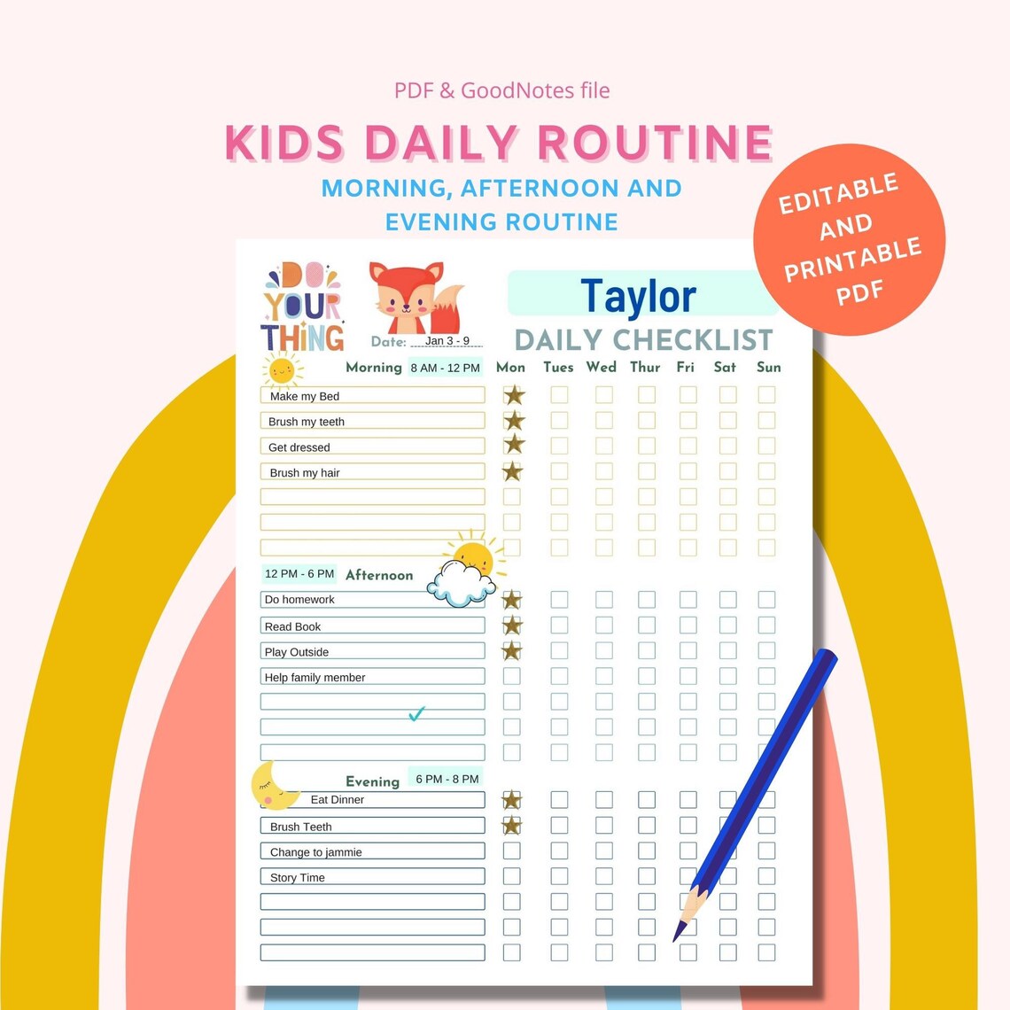 Kids Daily Routine Chart ADHD Planner Printable Planner Fox Theme - Etsy
