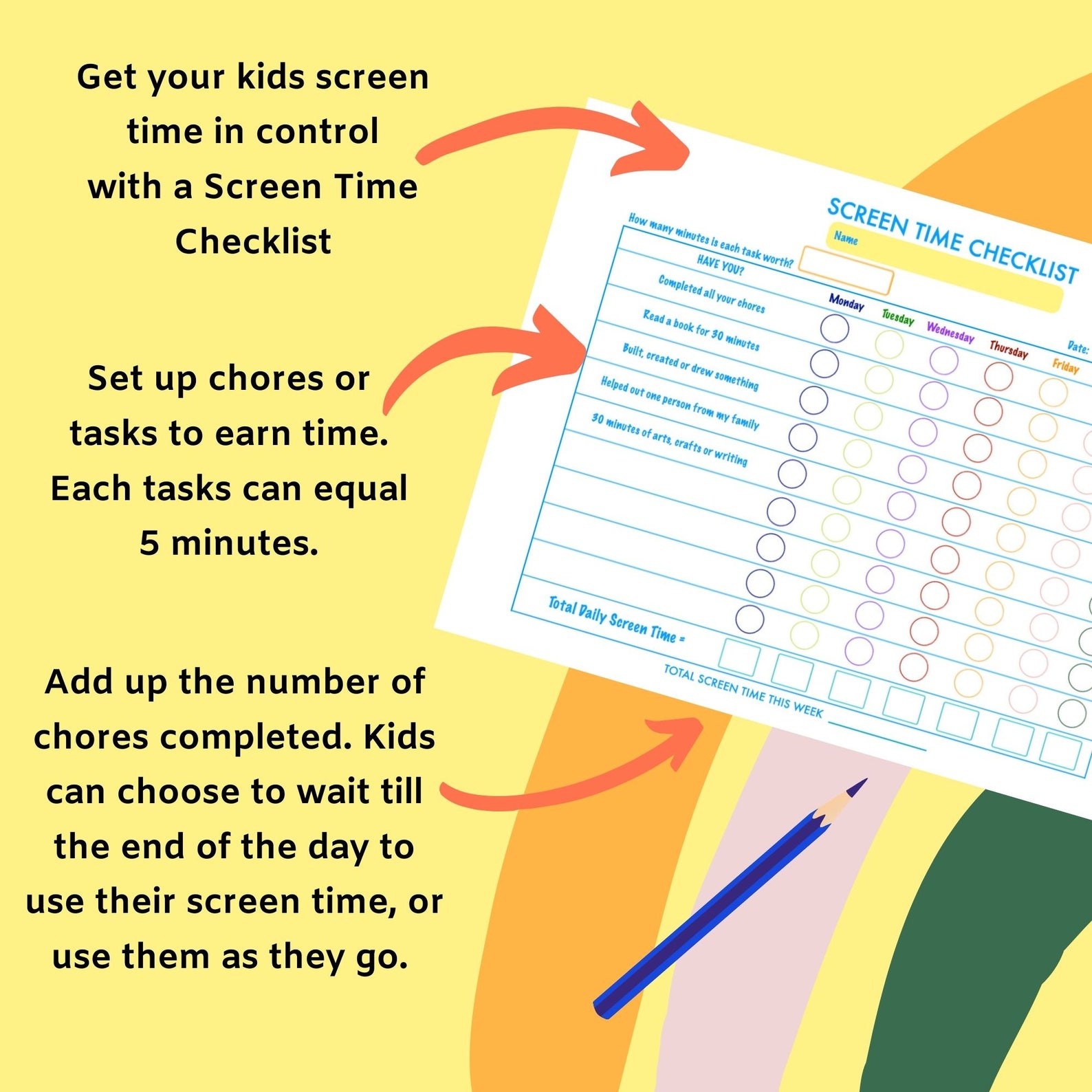 Kids Screen Time Checklist - Chore Chart - Printable Screen Time ...